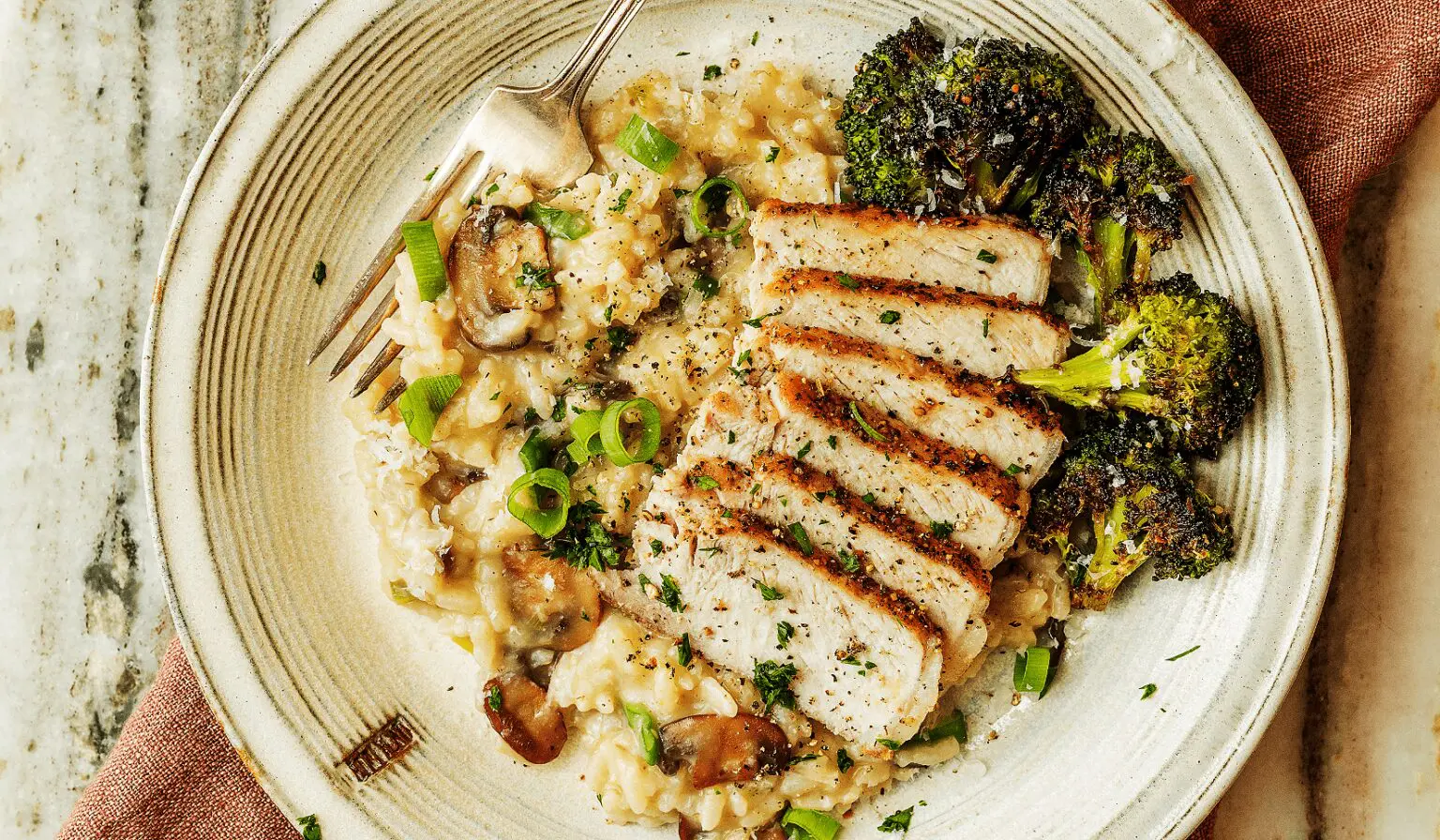 Pork Chops with Mushroom-Scallion Risotto | Tried and True Recipes